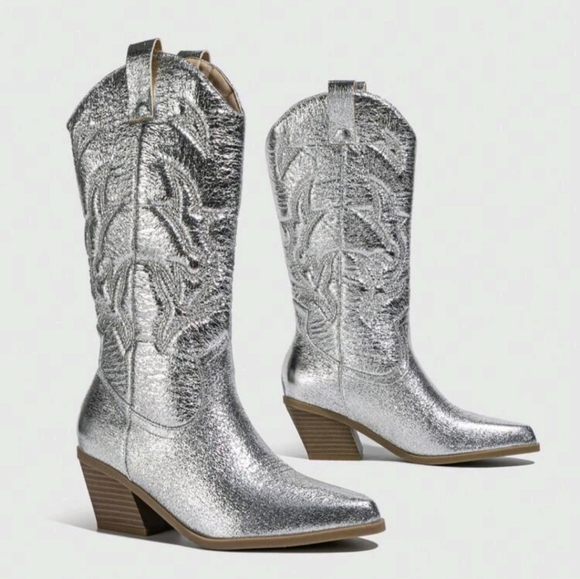 True Freedom | Shoes | Womens Silver Metallic Western Glamcowboy Boots ...